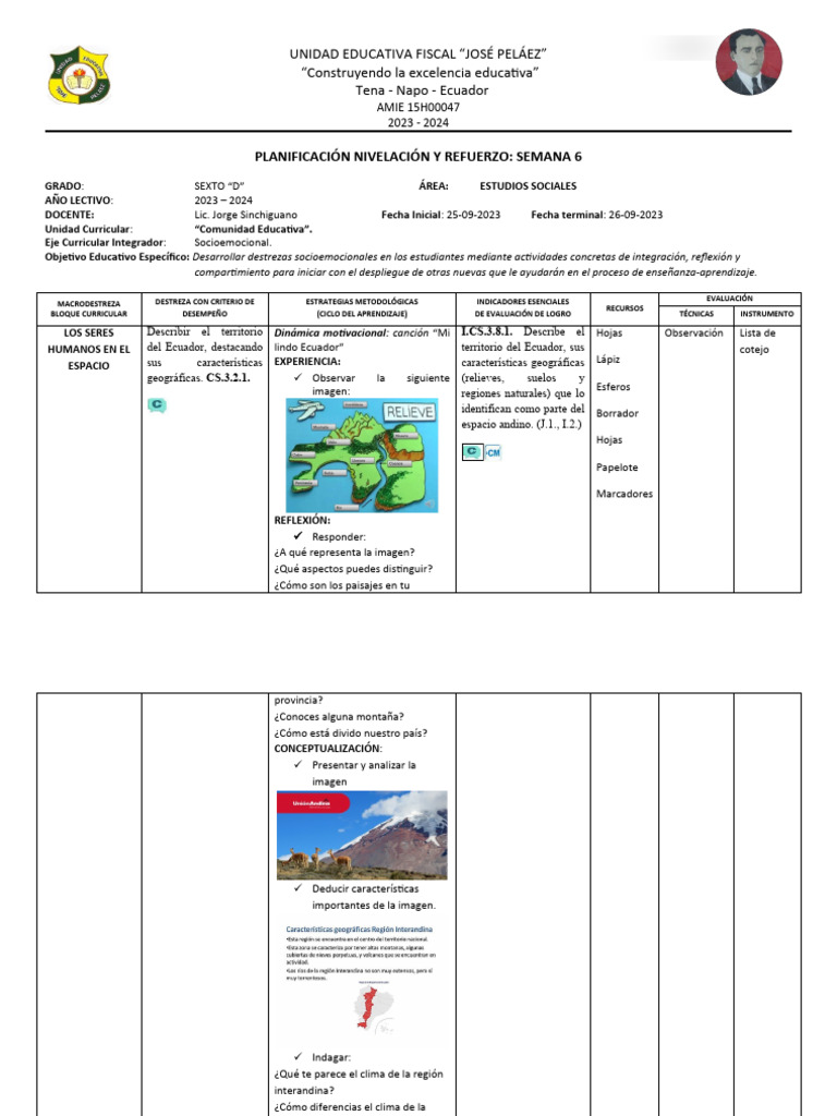PLAN. NIV. EESS SEM 6 JORGE 6to | PDF | Evaluación | Ecuador