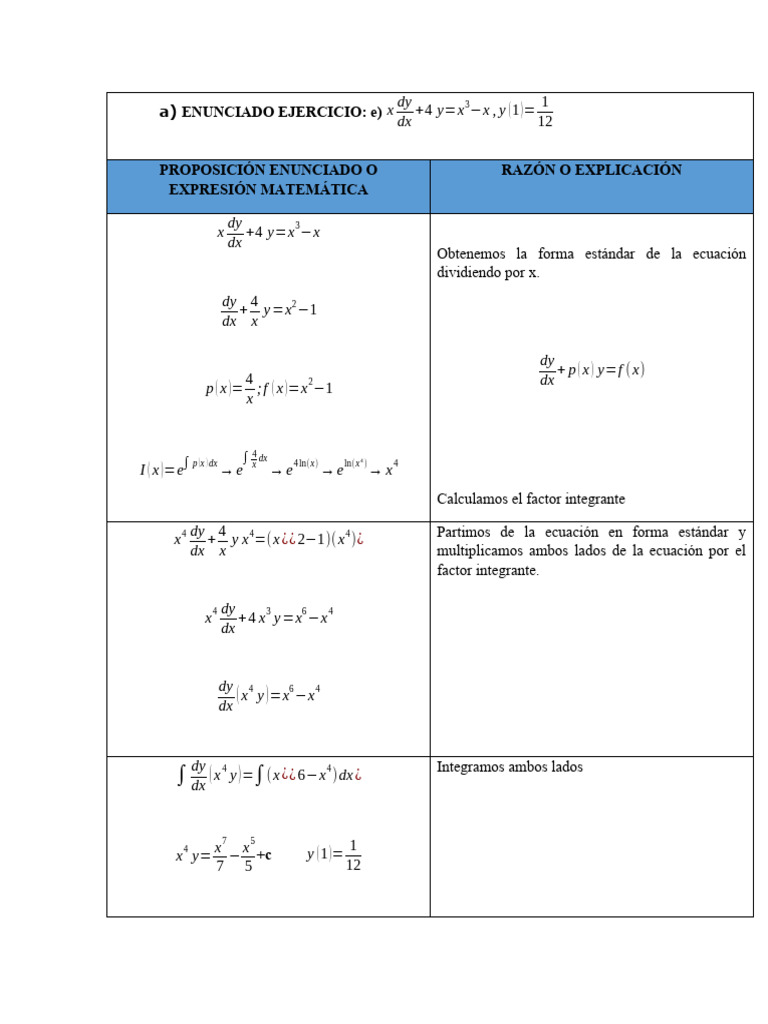 EJERCICIO 4 - Ecuaciones - Diferenciales - Factor - Integrante | PDF | Integral | Ecuaciones
