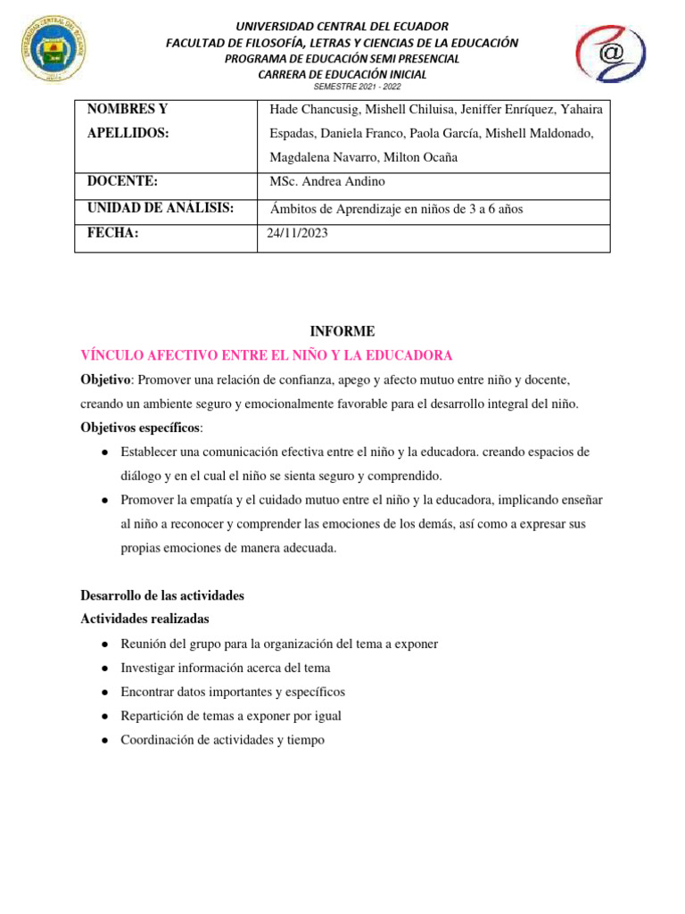 Vinculo Afectivo Entre El Niño y La Educadora...Informe..Grupo N1..5B-1 ...