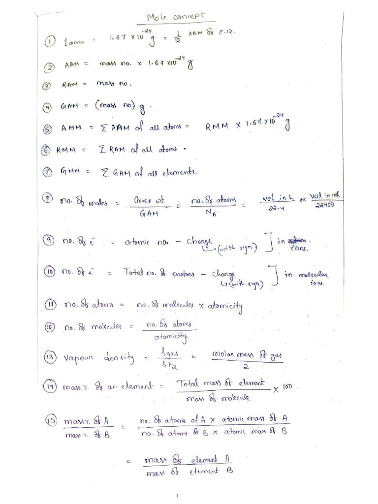 Mole Concept - All Formula - Class 11. | PDF