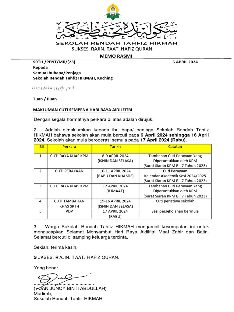 23 Makluman Cuti Raya 2024 | PDF