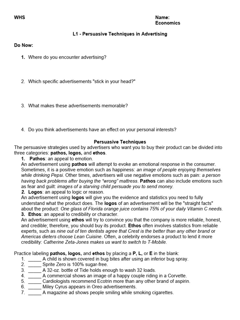 Ch. 8 - L1 Persuasive Techniques in Advertising | PDF | Advertising ...