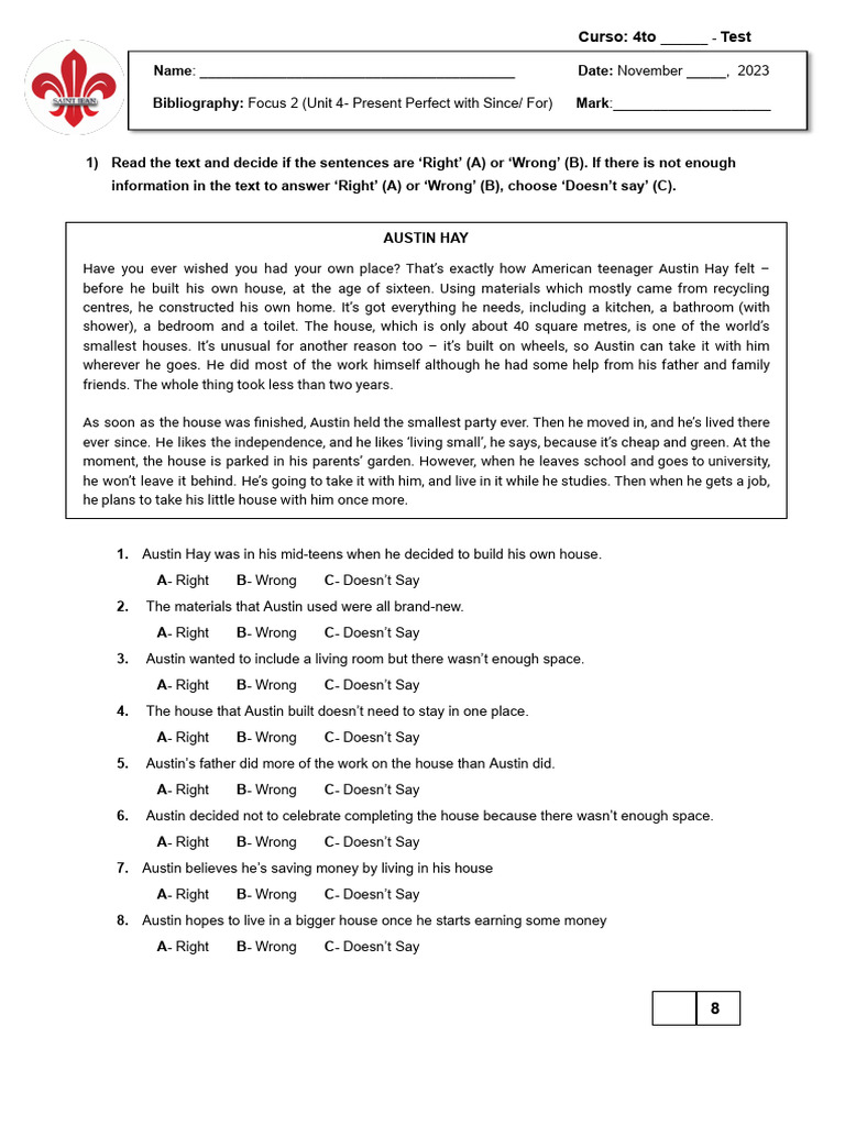 Test - Present Perfect 4to | PDF