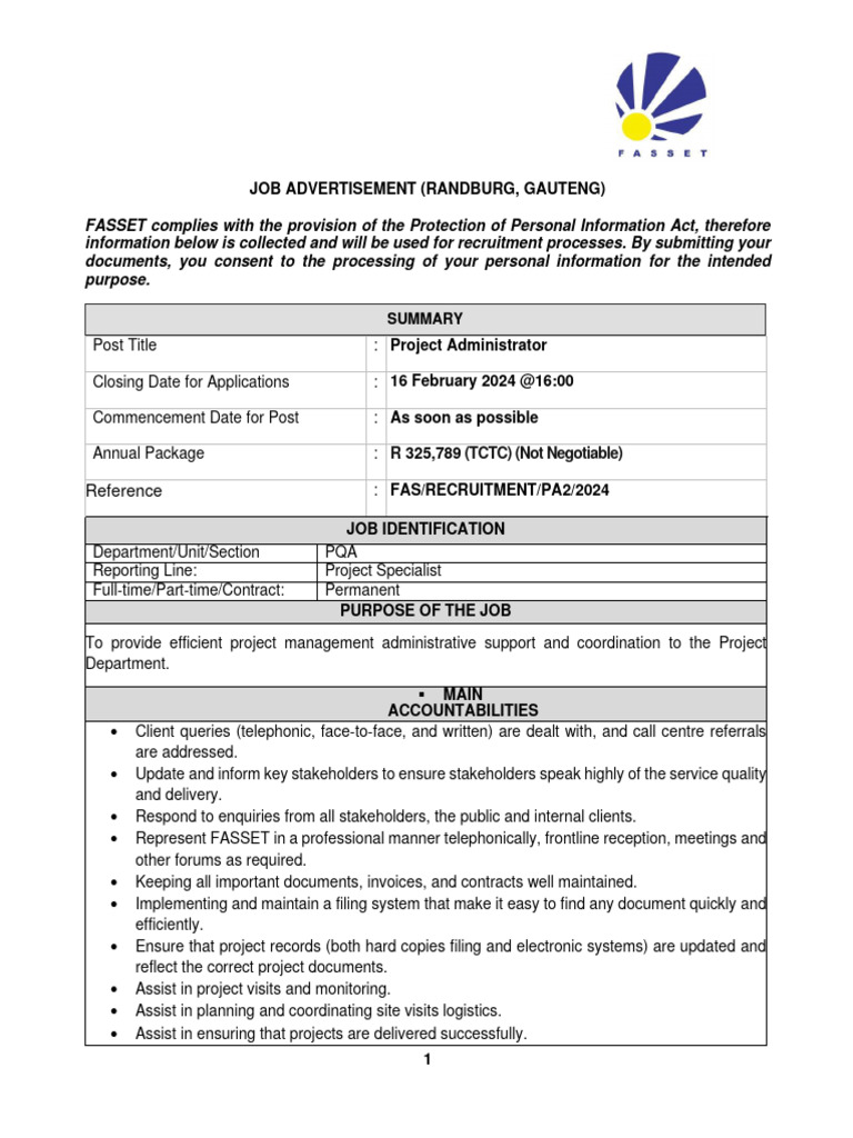 Advert-Project Administrator-02-02-2024 | PDF | Project Management ...
