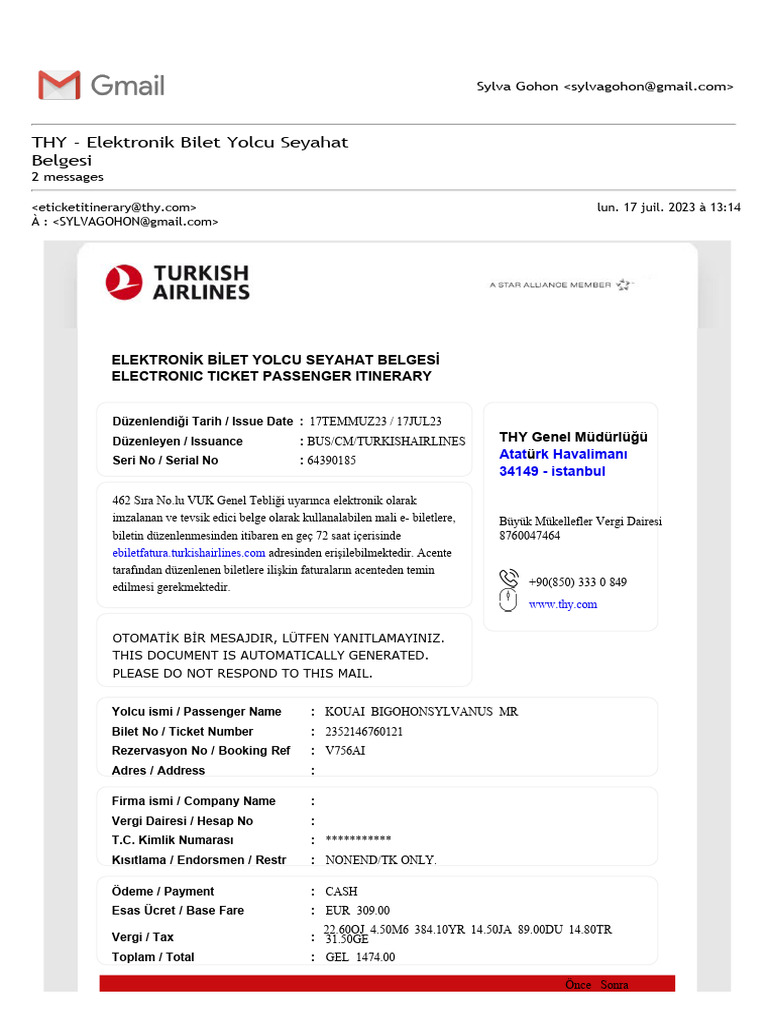 THY - Elektronik Bilet Yolcu Seyahat Belgesi | PDF