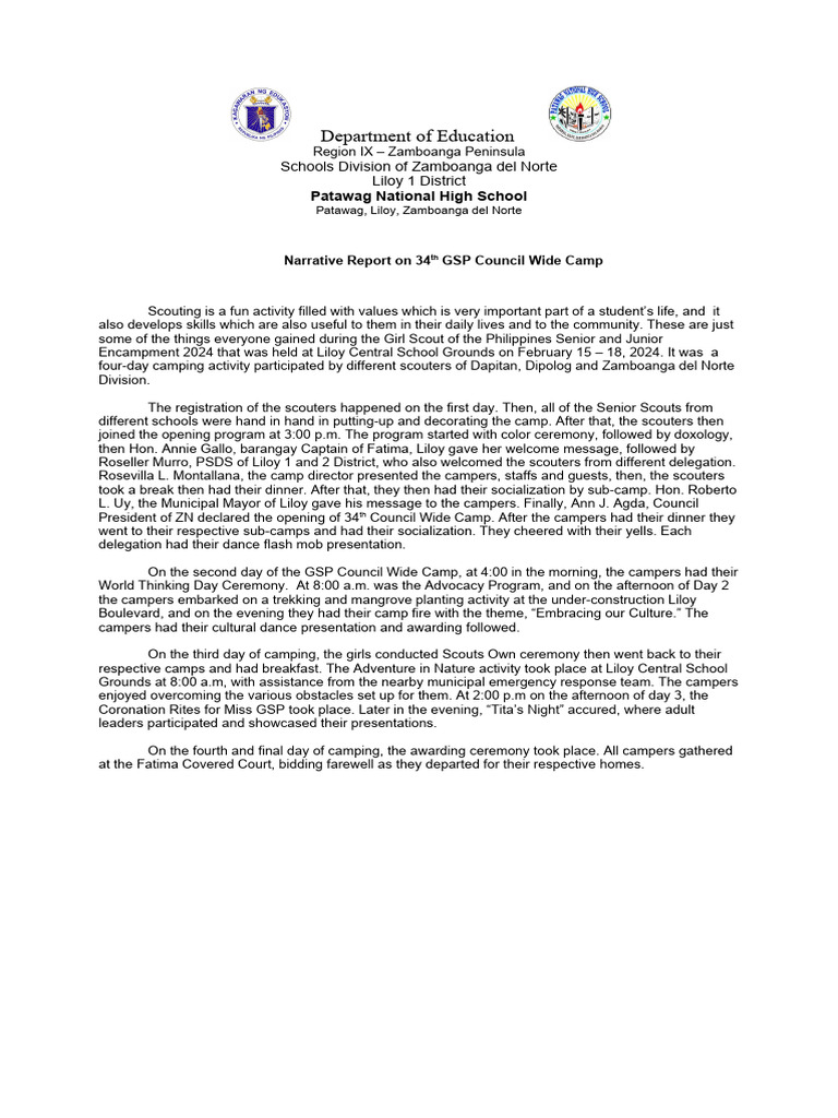 Narrative Report On GSP Council Wide Camp | PDF | Scouting | Youth ...