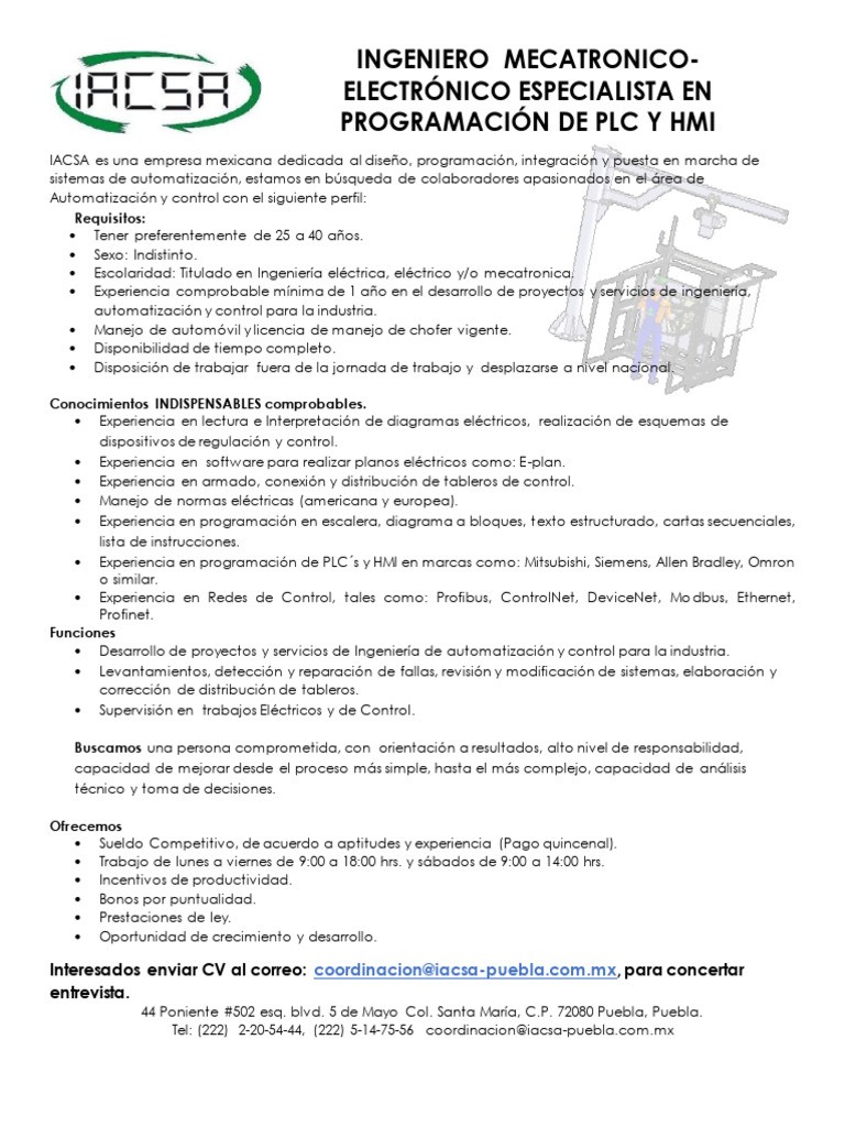 Vacante Ingeniero Mecatronico Electrico | PDF | Automatización | Mecatrónica