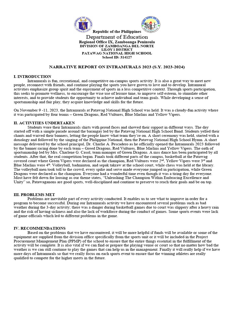 Narrative Report On Intramurals 2023 | PDF | Sports