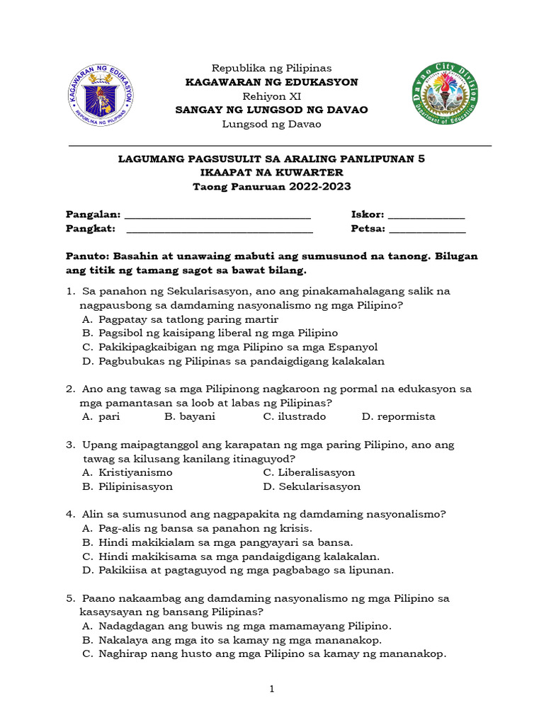 Quarterly Test - Q4 Araling Panlipunan 5 | PDF Quarterly Test - Q4 Araling Panlipunan 5 | PDF