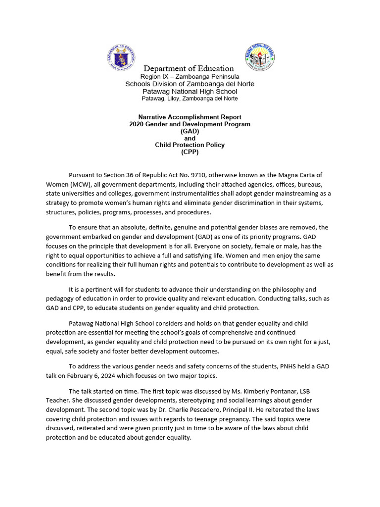 2024 GAD & CPP Report: Patawag NHS | PDF | Gender And Development | Social Equality