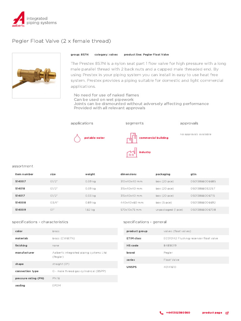Pegler 857N High-Pressure Float Valve | PDF | Valve | Equipment