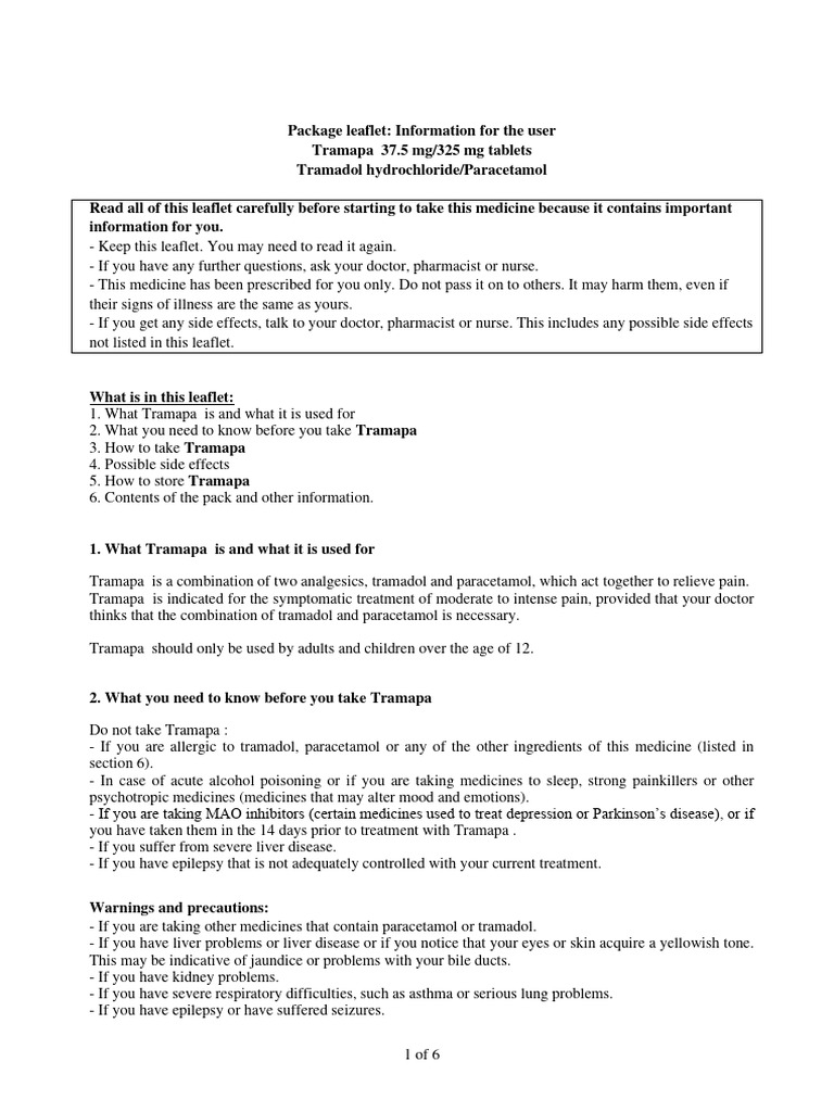 Tramapa 37.5mg/325mg Dosage Guide | PDF | Analgesic | Antidepressant