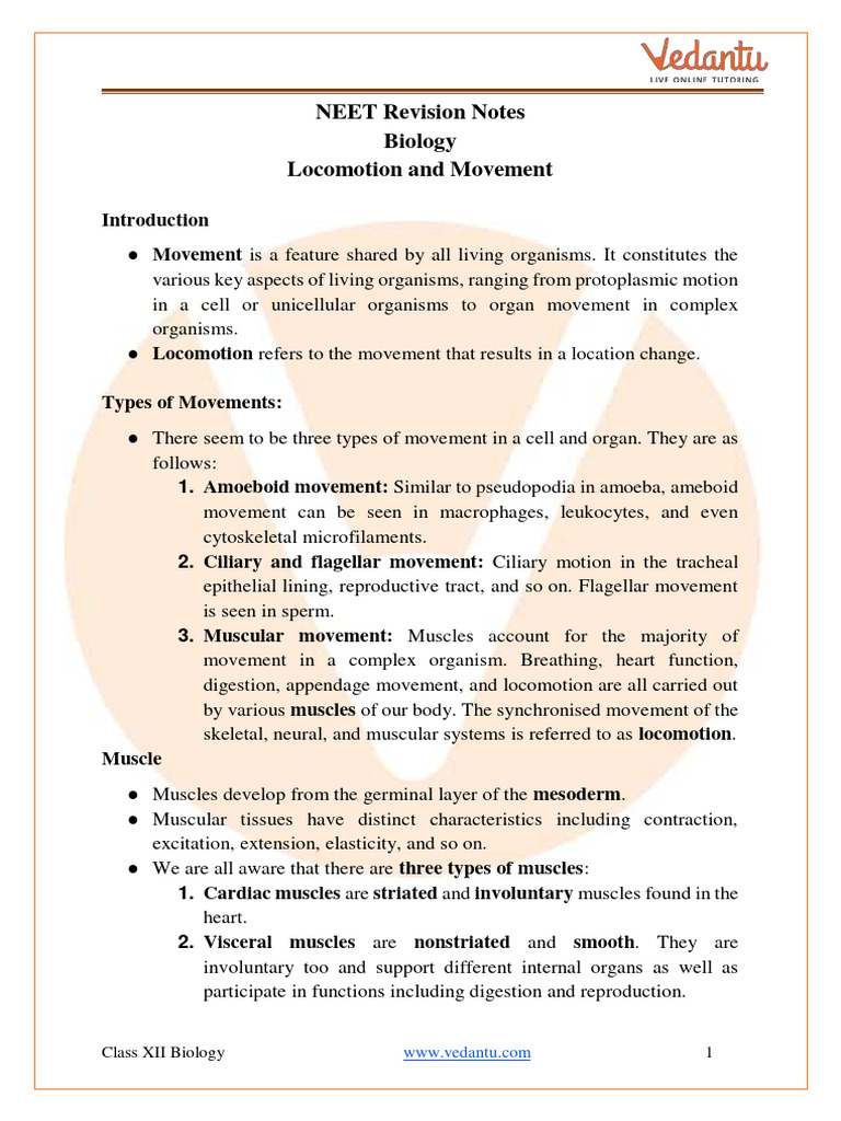 Revision Notes On Locomotion and Movement For NEET 2024 - Free PDF ...