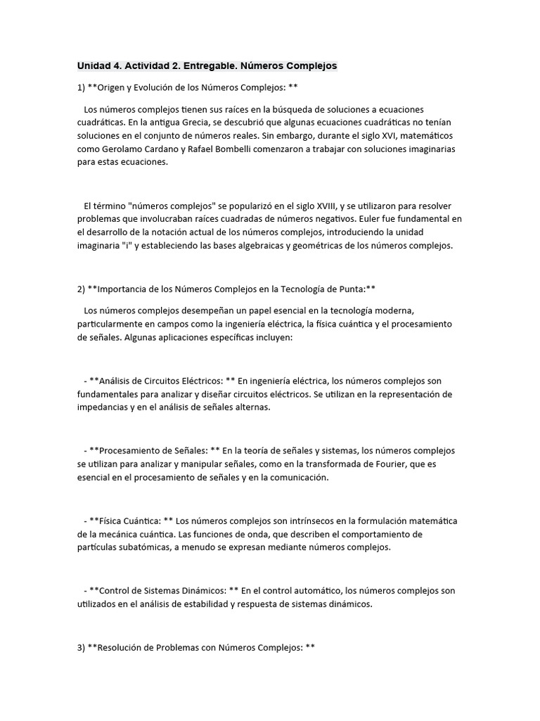 Unidad 4. Actividad 2. Entregable | PDF | Número complejo | Números