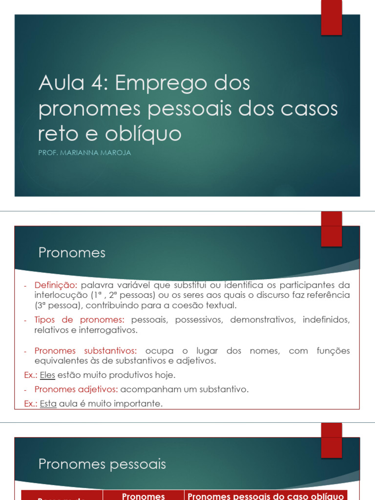Aula 4 - Emprego Dos Pronomes Pessoais Do Caso Reto e Oblíquo | PDF ...