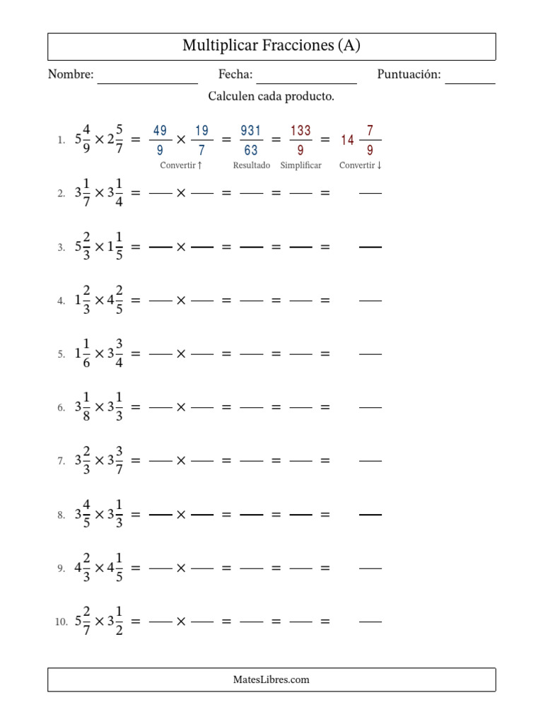 Fracciones Mixtas Multiplicación | PDF