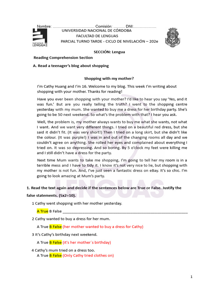 Inglés - Con Respuestas - Simulacro 2024 | PDF | Noun | Part Of Speech