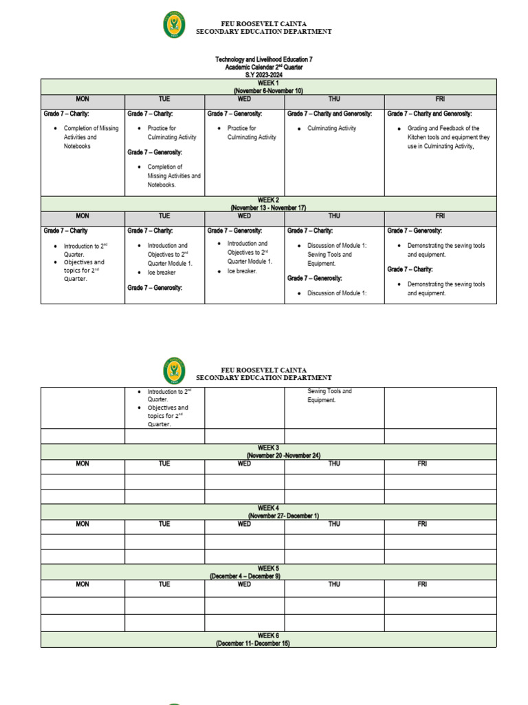 TLE Academic Calendar 2nd Q | PDF