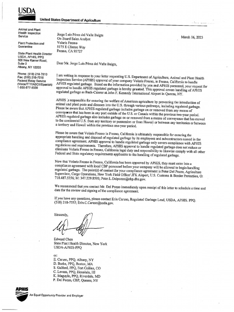 Approval Letter Volaris JFK Back Catering | PDF