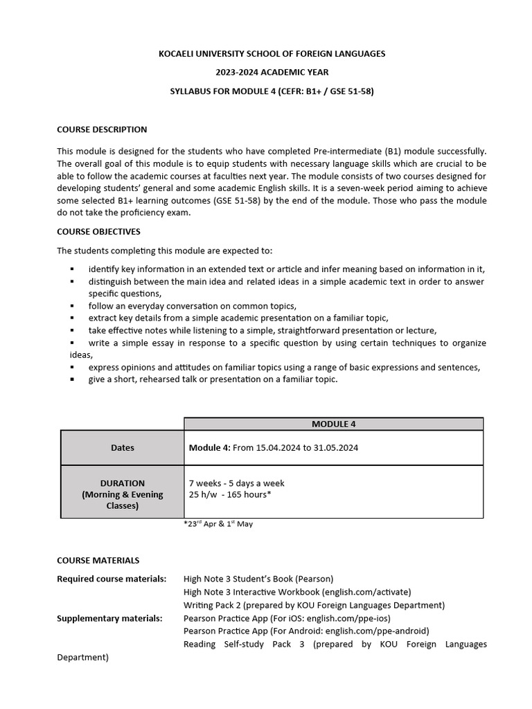 Kocaeli University B1+ Module 4 Syllabus | PDF | Academic Dishonesty | Learning