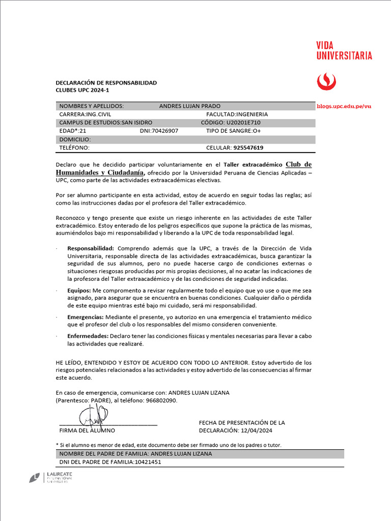 Declaración de Responsabilidad - CLUBES UPC 2024-1. | PDF | Documento de identidad