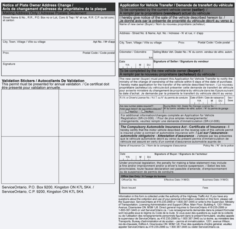 Ontario Vehicle Permit Back Side | PDF