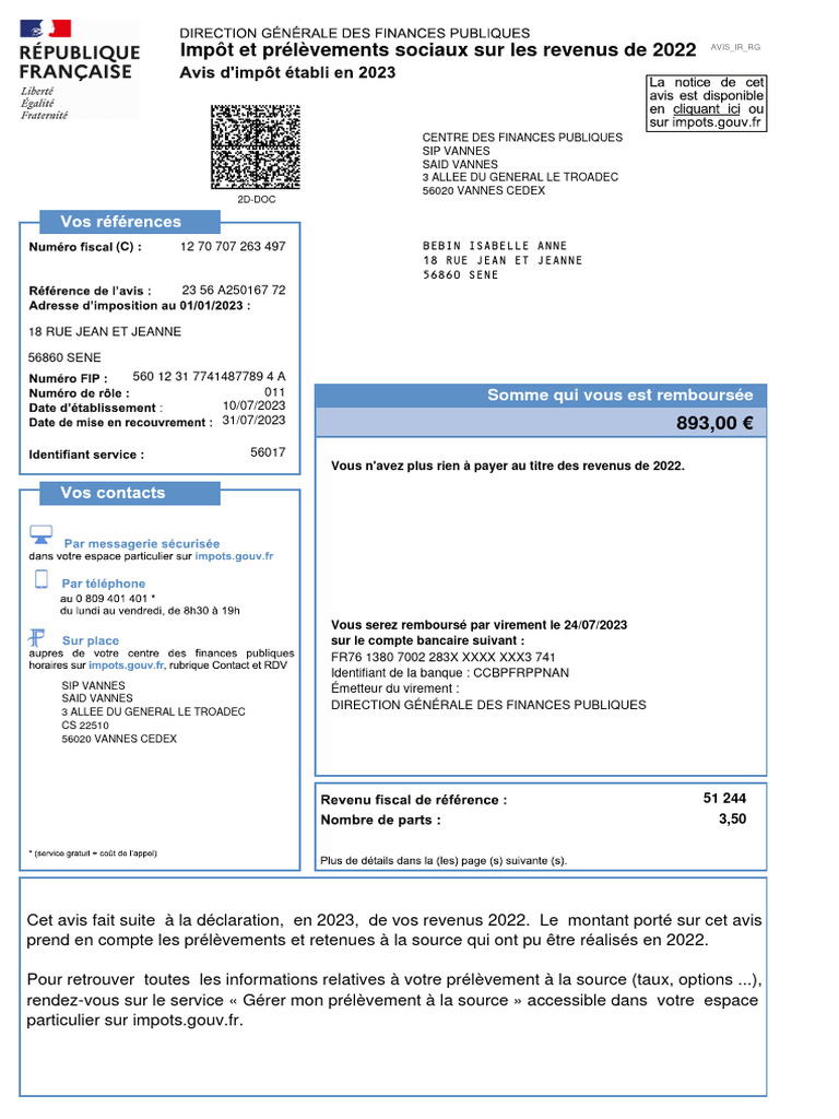 Avis D Impot 2023 Sur Les | PDF | Impôt sur le revenu | Finances personnelles