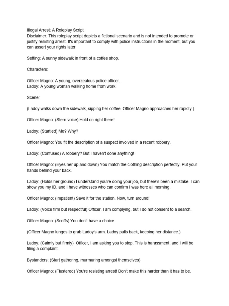 Illegal Arrest - A Roleplay Script | PDF | Crimes | Crime & Violence