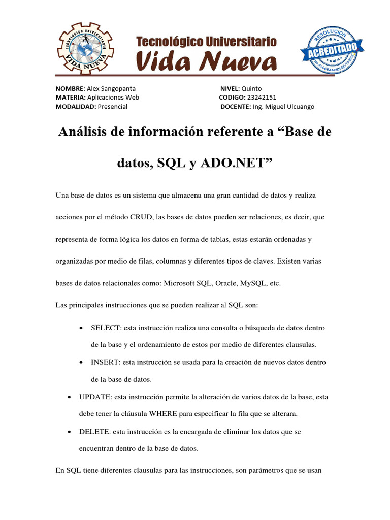 Análisis de Información Referente A "Base de Datos, SQL y ADO - NET" | PDF | SQL | Gestión de ...