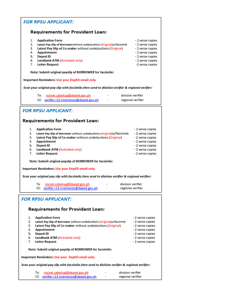 RPSU REQUIREMENTS Provident Loan | PDF | Fax | Printing
