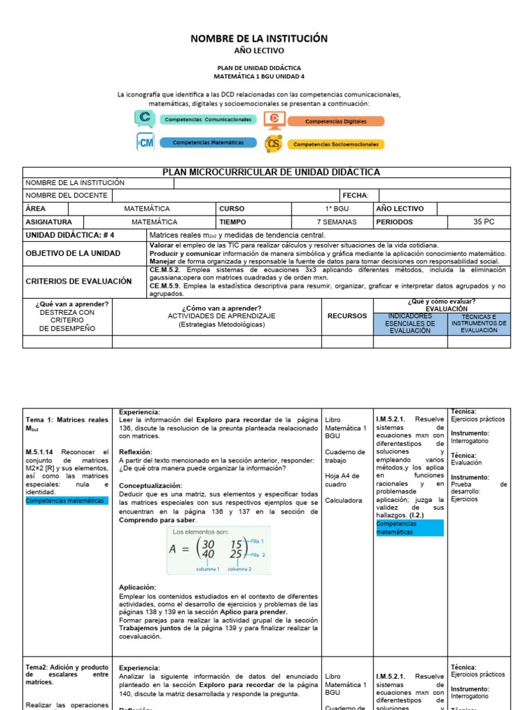 Manantial - Matemática 1bgu - PDCD - U4 - Con Competencias | PDF | Matriz (Matemáticas ...