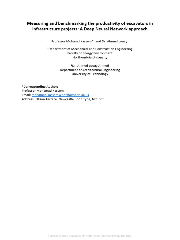Measuring And Benchmarking The Productivity Of Excavators In Infrastructure Projects Pdf