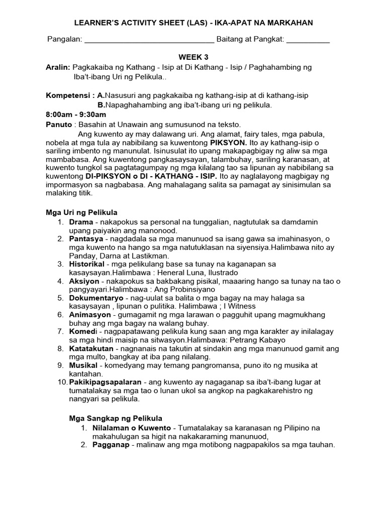 Activity Sheet in Filipino 6 Quarter 4 | PDF