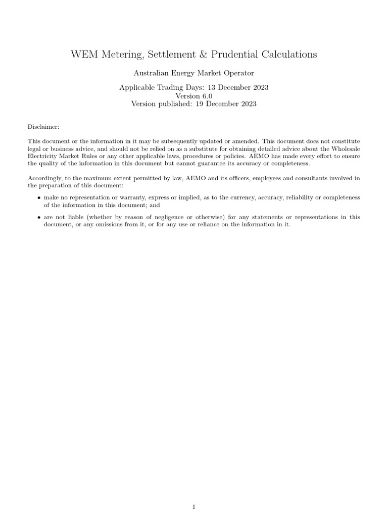 WEM Metering Settlement and Prudential Calculations Formulation v060 ...