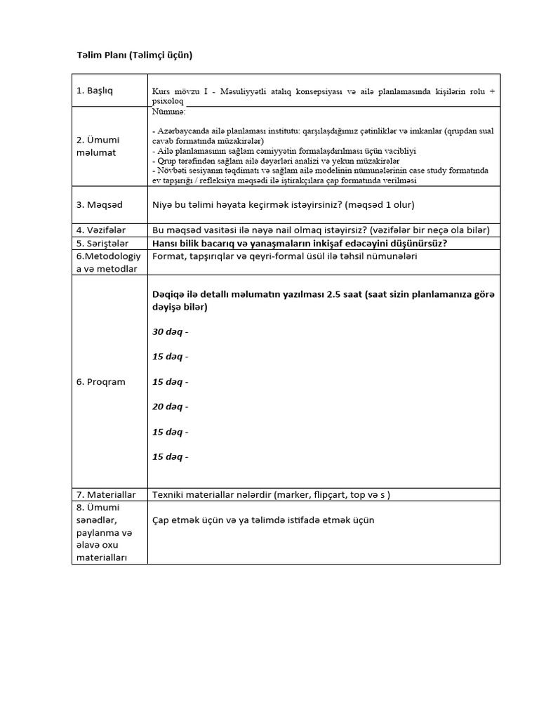Təlim Planı Nümünə | PDF