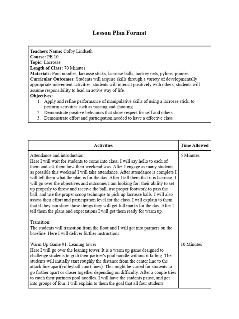 Lacrosse Lesson Plan for PE 10 | PDF | Lacrosse | Lesson Plan