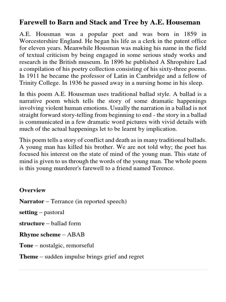 Farewell to Barn and Stack and Tree by a.E. Houseman | PDF