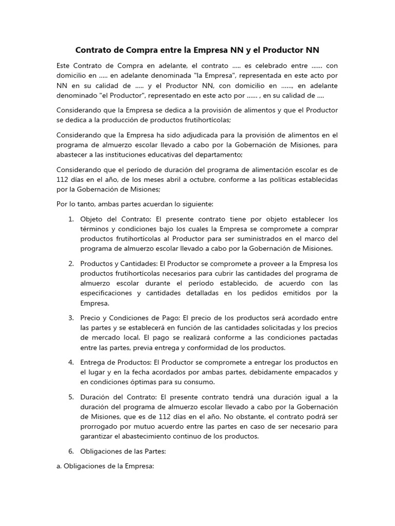 Contrato de Compra Entre La Empresa NN y El Productor NN | Descargar ...