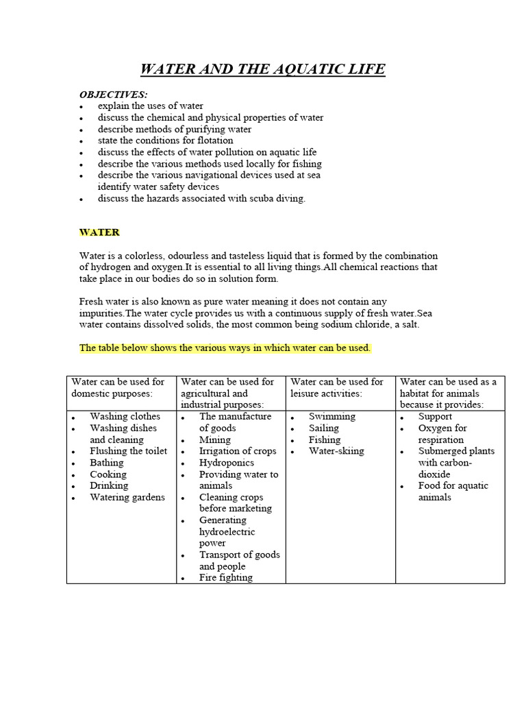 Water and The Aquatic Life Notes | PDF | Water | Buoyancy