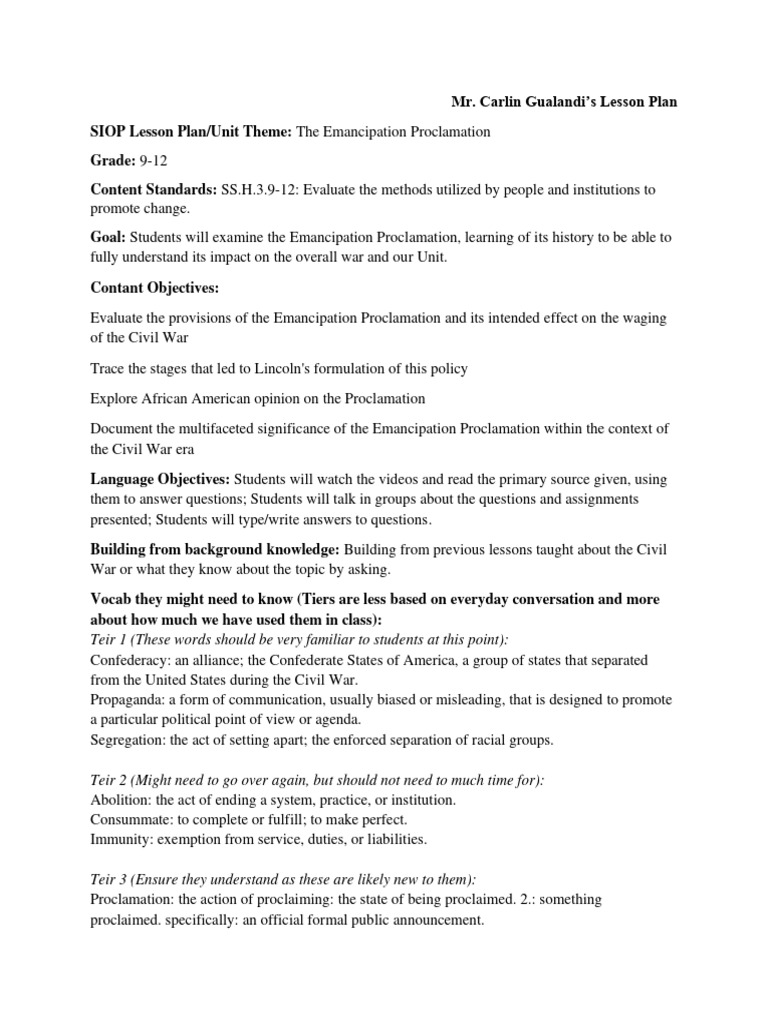 The Emancipation Proclamation Lesson Plan | PDF | Emancipation ...
