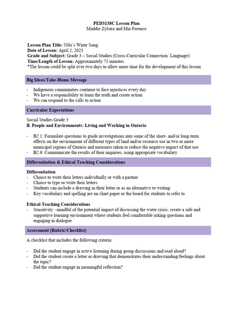 Nibis Water Song Lesson Plan - Maddie and Mia 1 - 1 | PDF | Lesson Plan ...