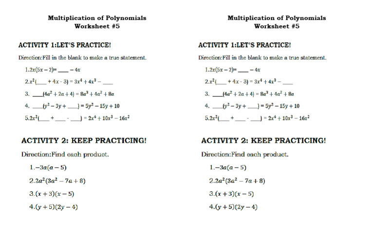 Multiplication of Polynomials Worksheet | PDF