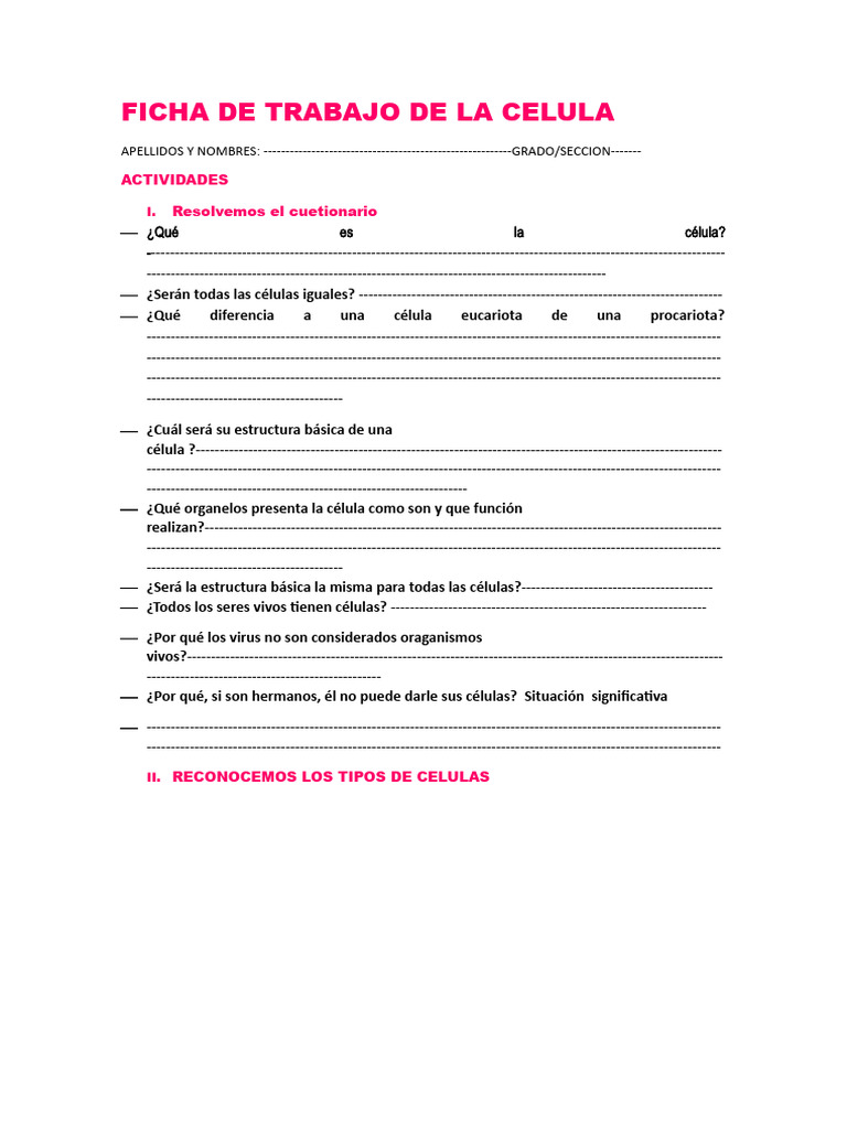 Ficha de Trabajo: La Célula | PDF | Biología Celular) | Organelle