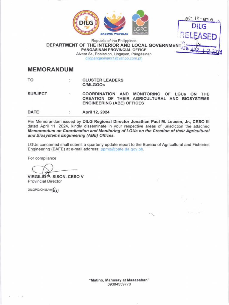 COORDINATION AND MONITORING OF LGUs ON THE CREATION OF THEIR AGRICULTURAL AND BIOSYSTEMS ...