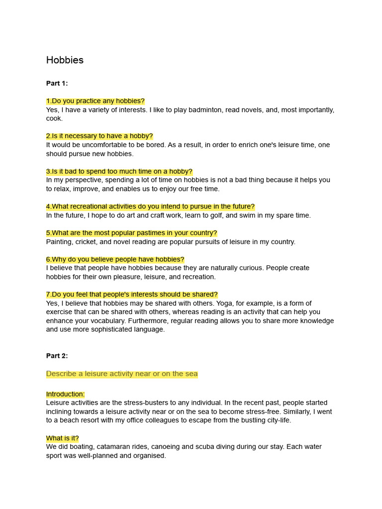 Ielts Speaking Hobbies | PDF | Leisure | Hobbies