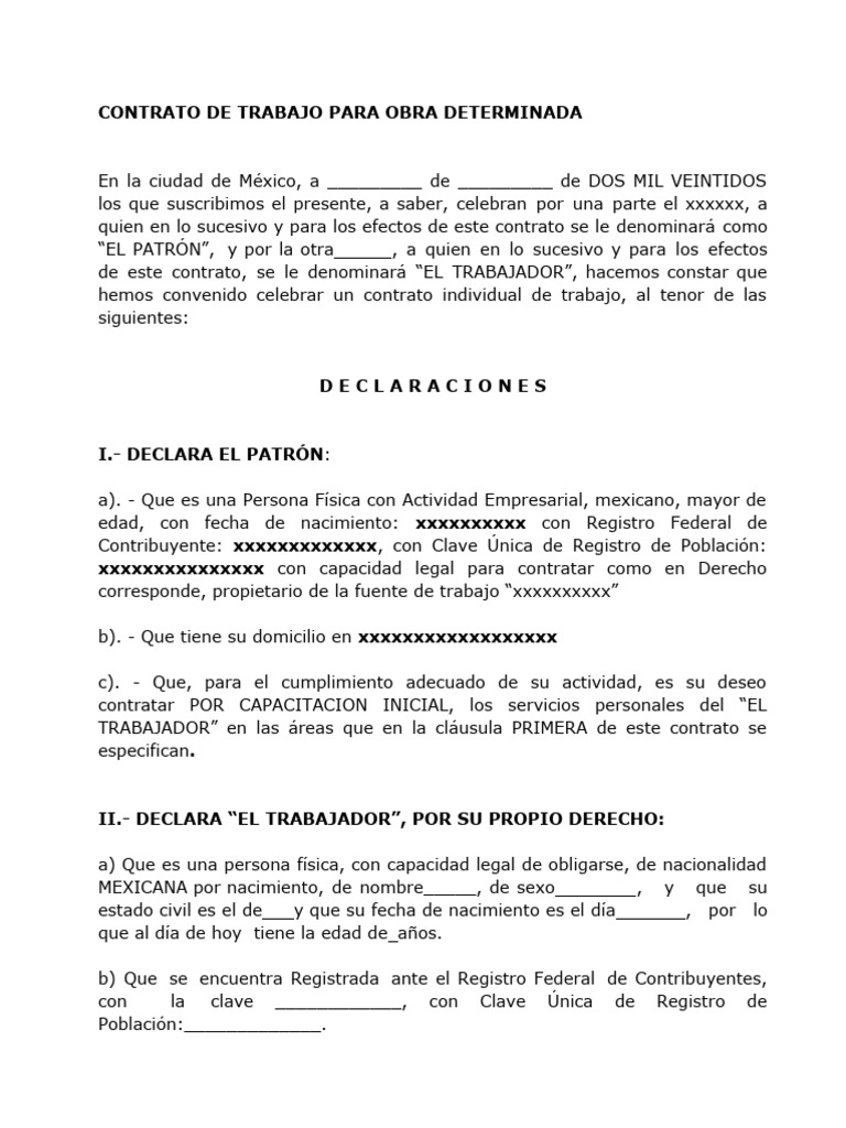 Contrato Individual de Trabajo Para Realización de Obra Determinada | PDF | Salario | Tiempo de ...