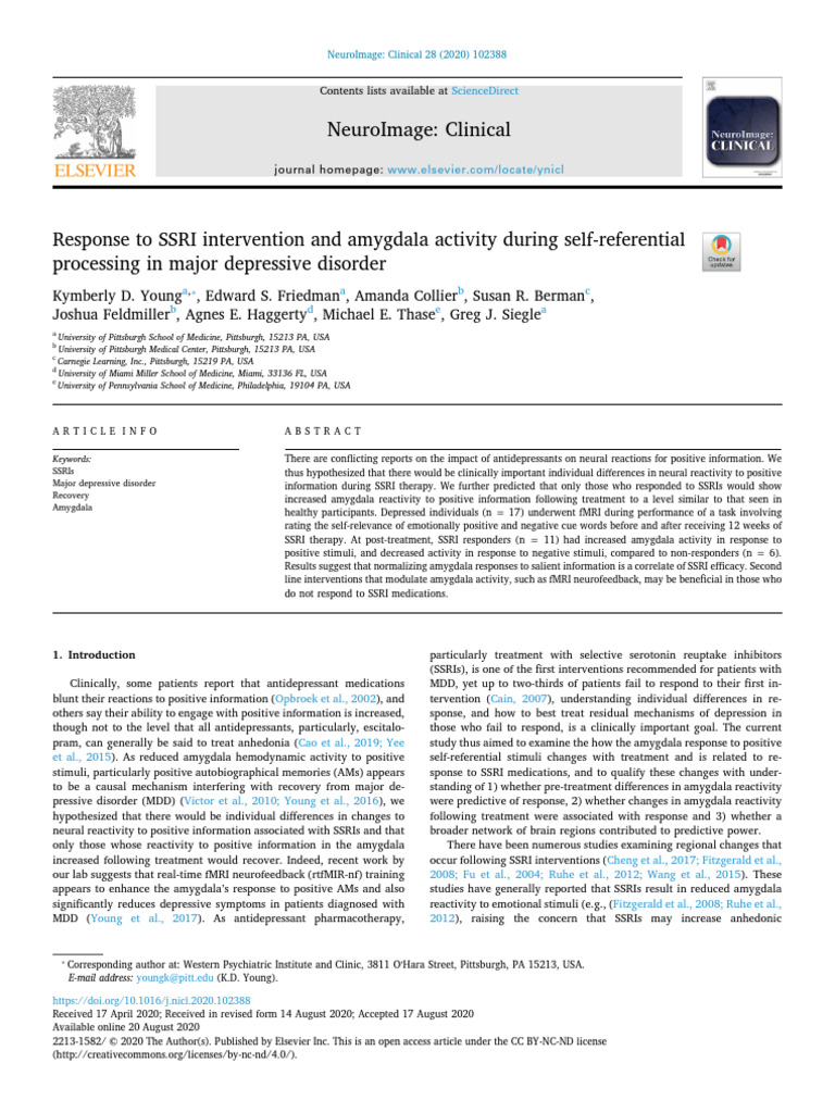 Young Et Al 2020 - Response To SSRI Intervention and Amygdala Activity During Self-Referential ...