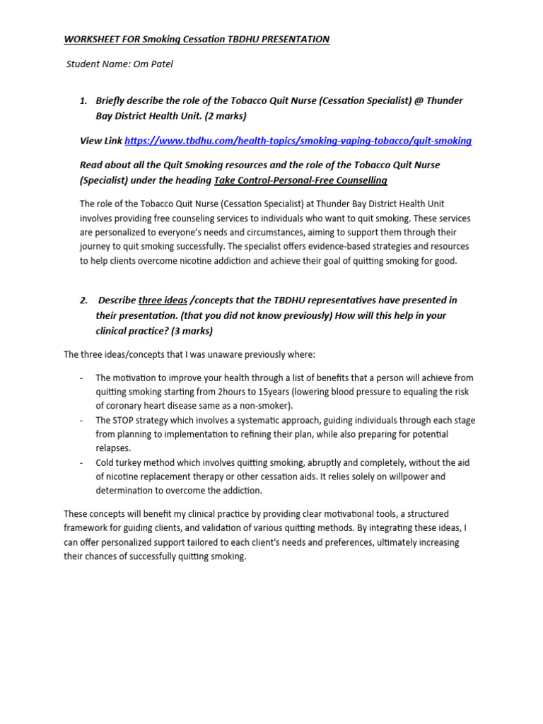 DH 402 TBDHU Presentation Smoking Cessation Worksheet | PDF | Smoking ...