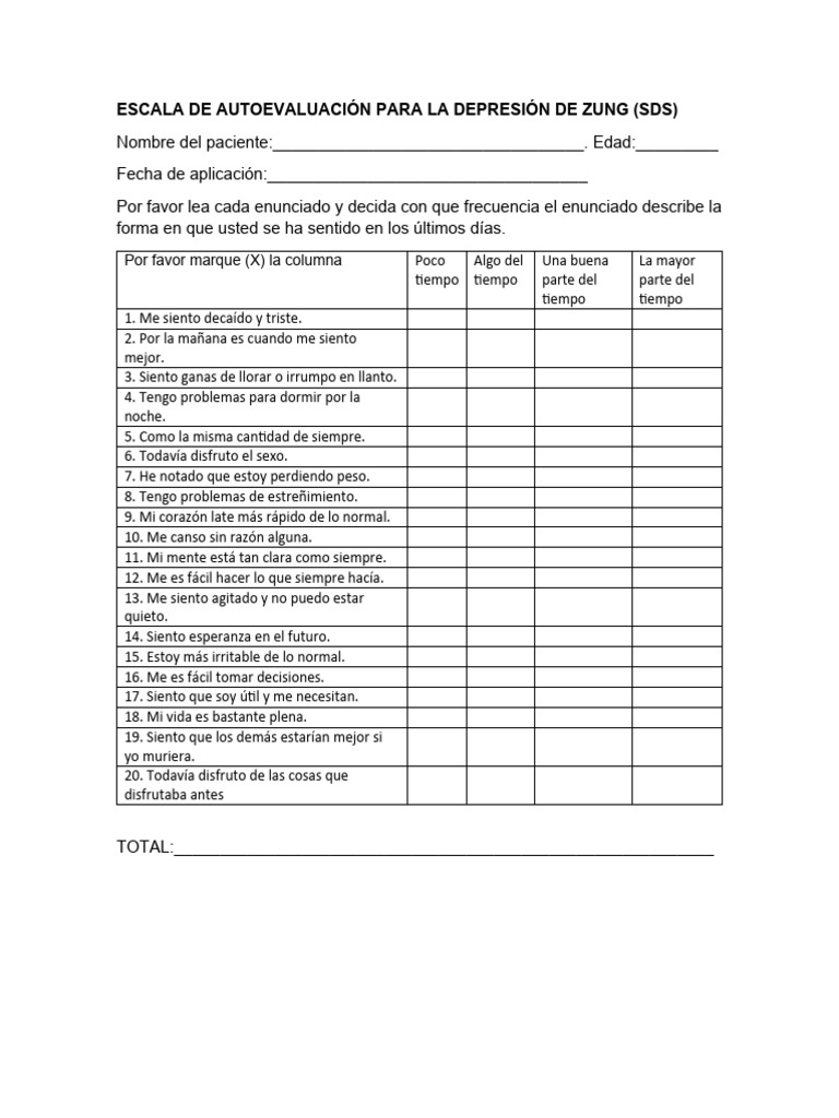 ESCALA DE AUTOEVALUACIÓN PARA LA DEPRESIÓN DE ZUNG | PDF | Depresión ...