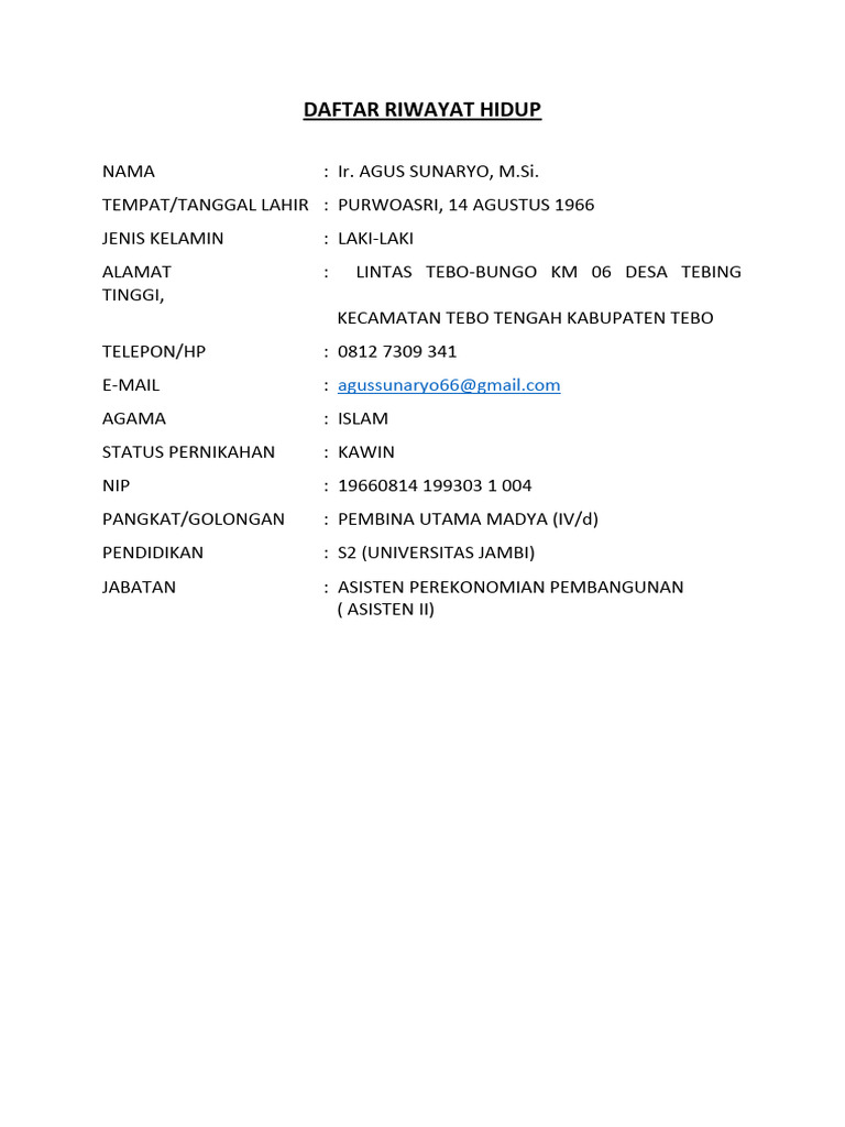 Daftar Riwayat Hidup Penguji (Agus Sunaryo) | PDF